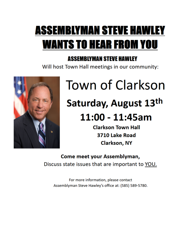 Assemblyman Steve Hawley Town Hall meeting – August 13 – Town of Clarkson