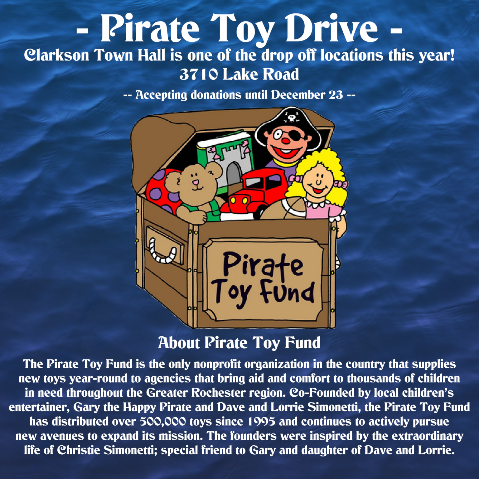 Pirate Toy Fund drop-off site at the Town Hall! – Town of Clarkson