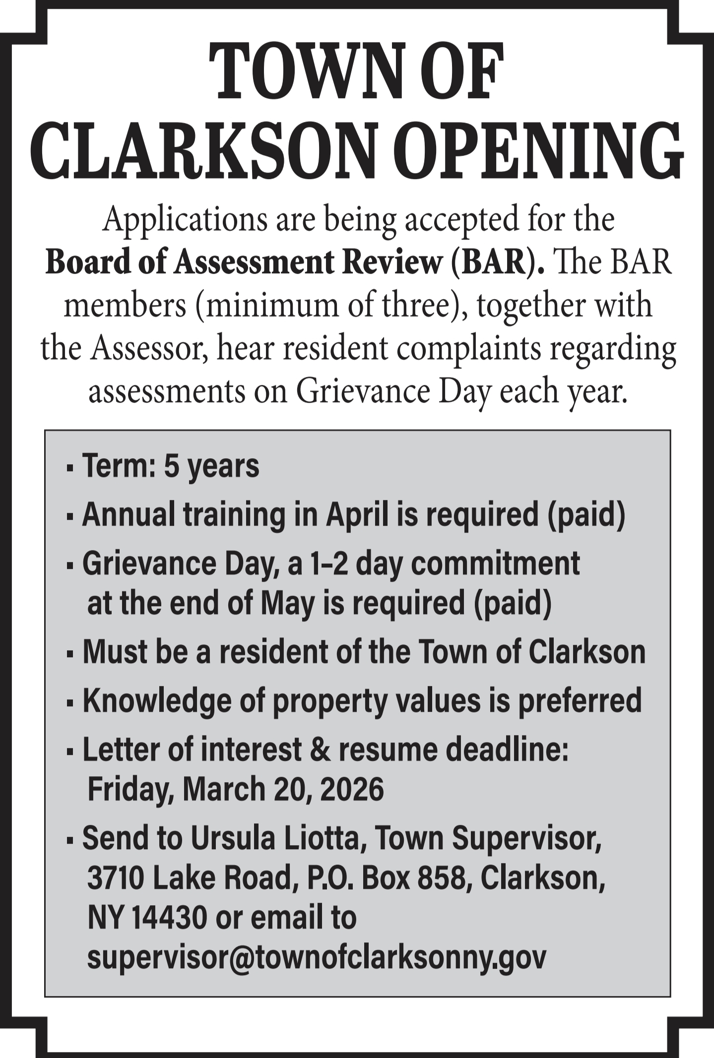 Town of Clarkson Seeking Board of Assessment Review Members – Town of ...